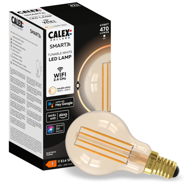 Calex Smart lamp E14 | Kogel P45 | Goud | 1800-3000K | WiFi (Tuya) | 4.9W Calex 123led.nl